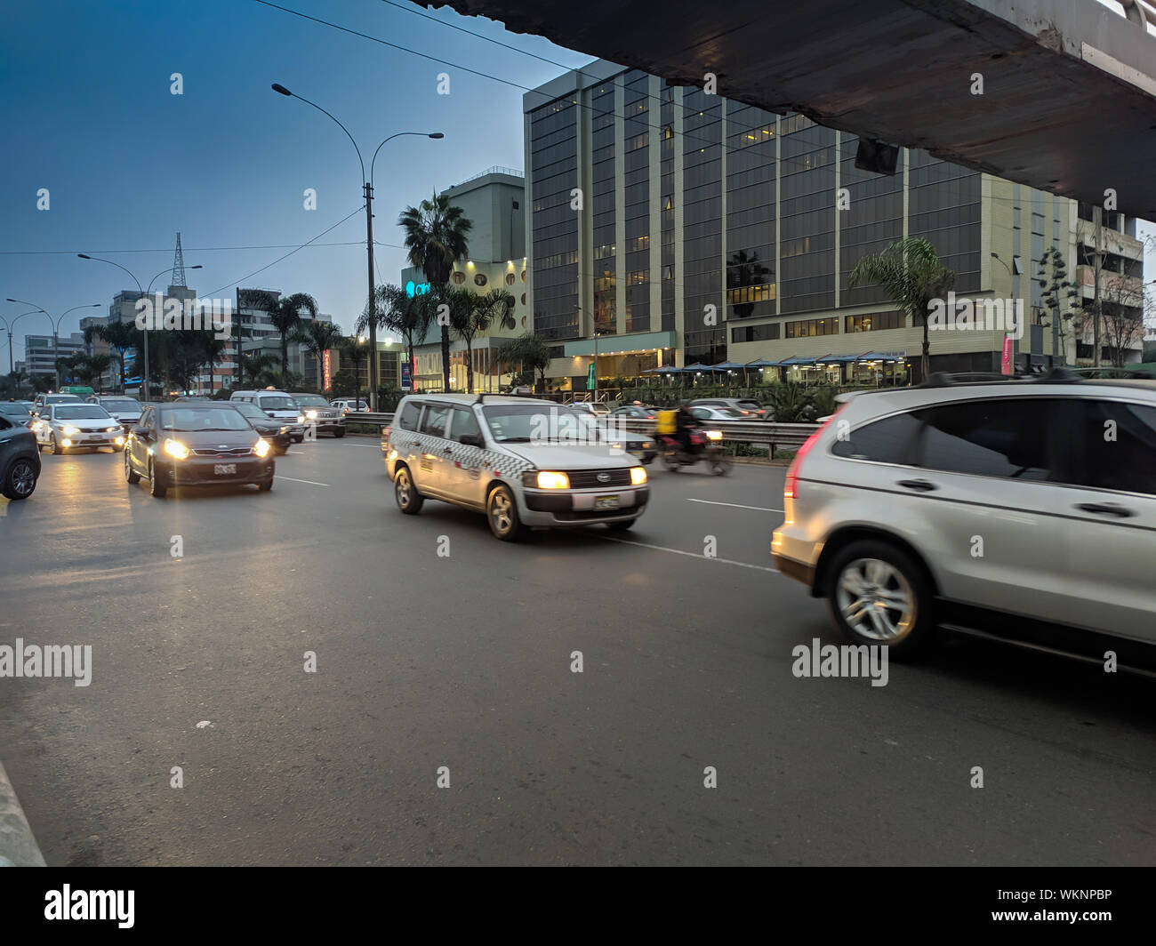 Heavy traffic on the main highway Javier Prado in the district of San ...