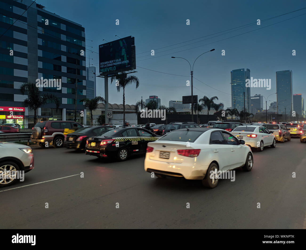 Heavy traffic on the main highway Javier Prado in the district of San ...