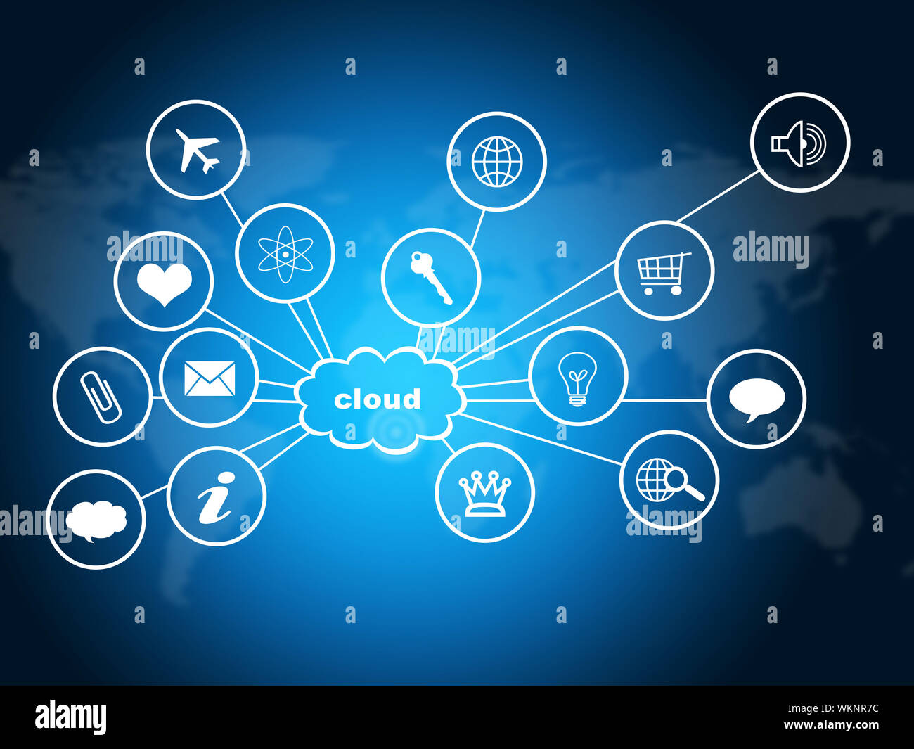 Cloud with computer icons. Technology concept. World map as backdrop ...