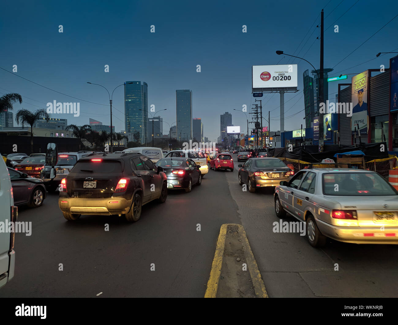 Heavy traffic on the main highway Javier Prado in the district of San ...