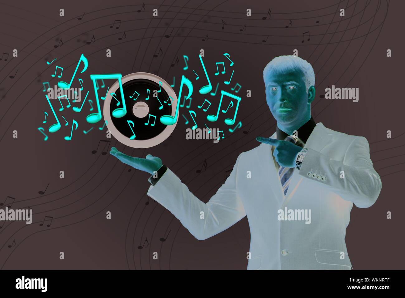 Business man hold audio speaker and music notes in hand. Gray ...