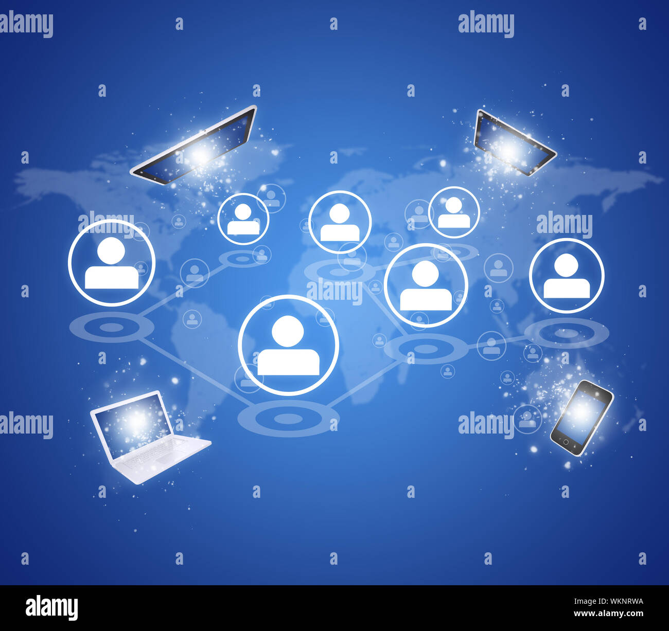 Tablet pc, smart phone, laptop and network. World map as backdrop Stock ...