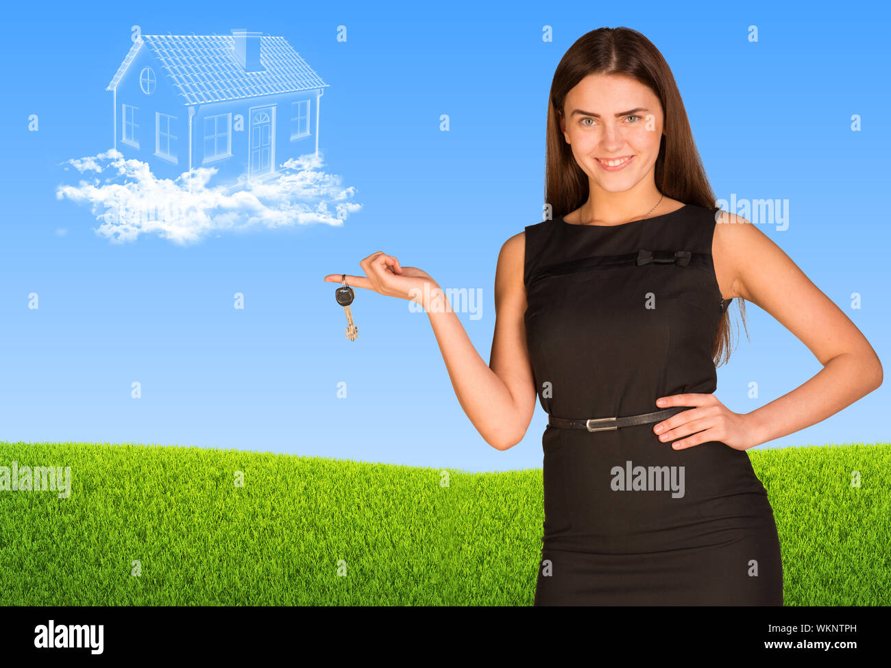 Bright picture of pretty business lady holding keys and clouds in form ...