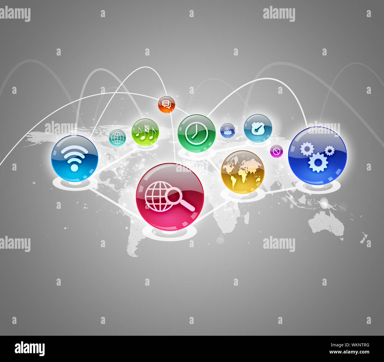 Cloud of colorful application icon. World map as backdrop Stock Photo ...