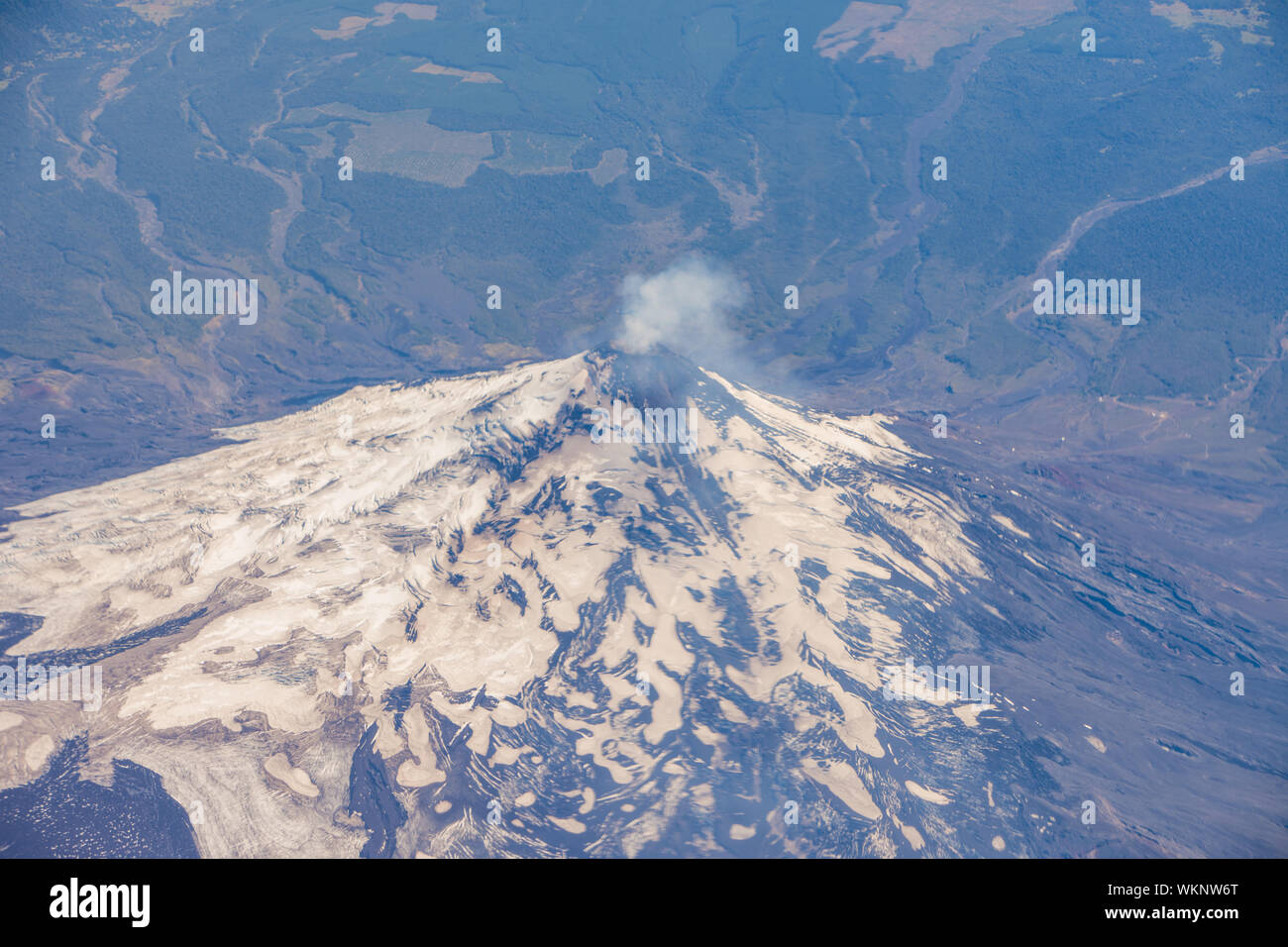 Aerial view of volcanoes in the Chilean Lake District viewed from an ...
