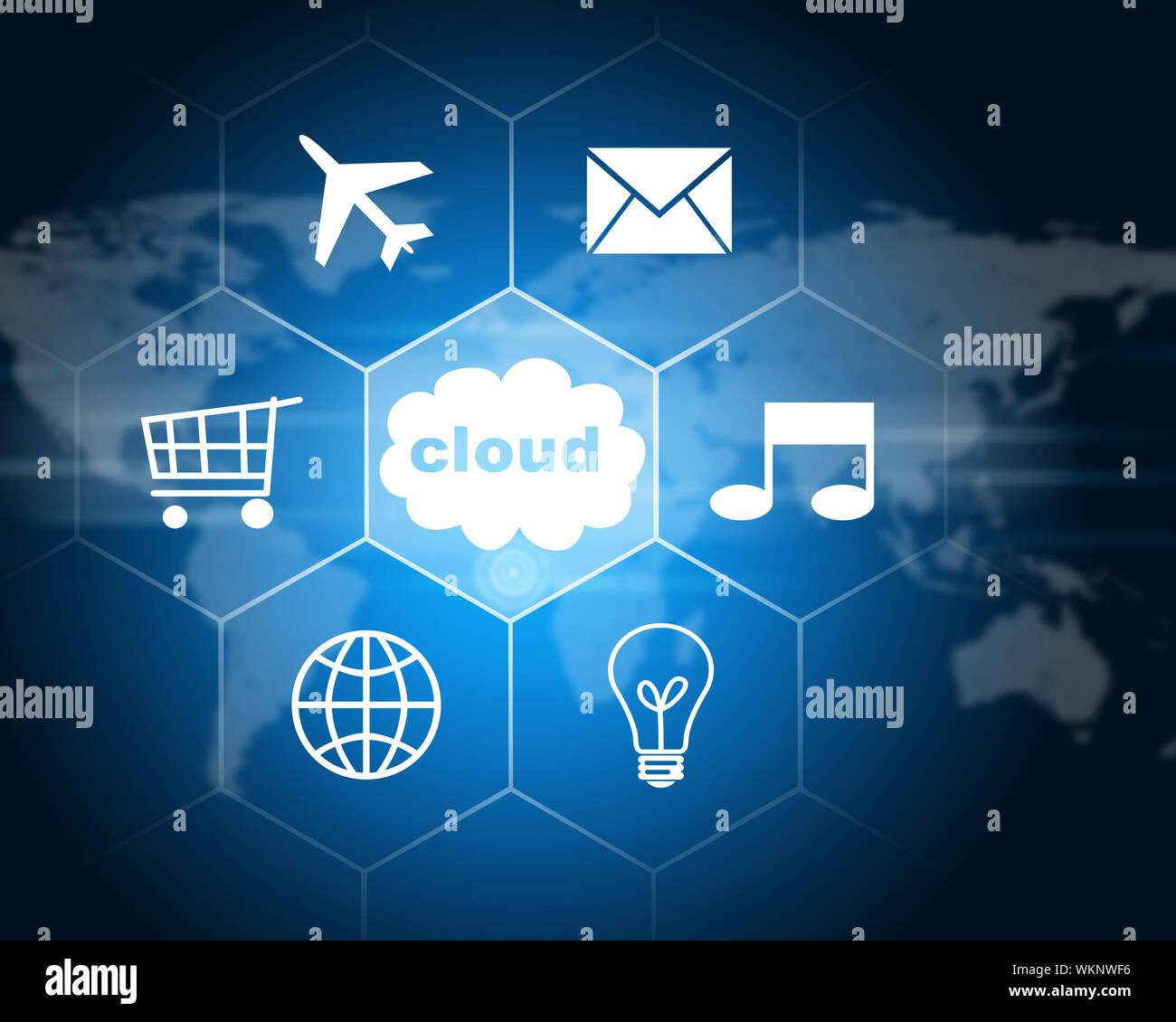 Cloud with icons. Technology concept. World map as backdrop Stock Photo ...