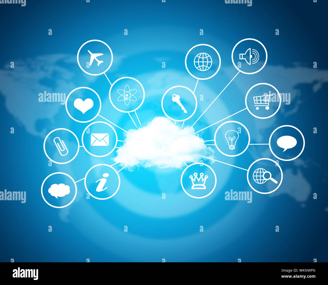 Cloud with computer icons. Technology concept. World map as backdrop ...