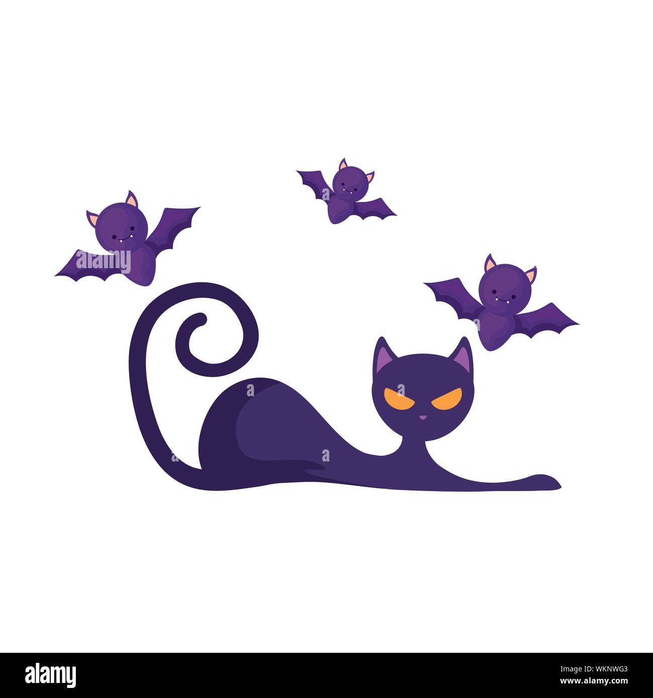 cat feline animal of halloween with bats flying vector illustration ...