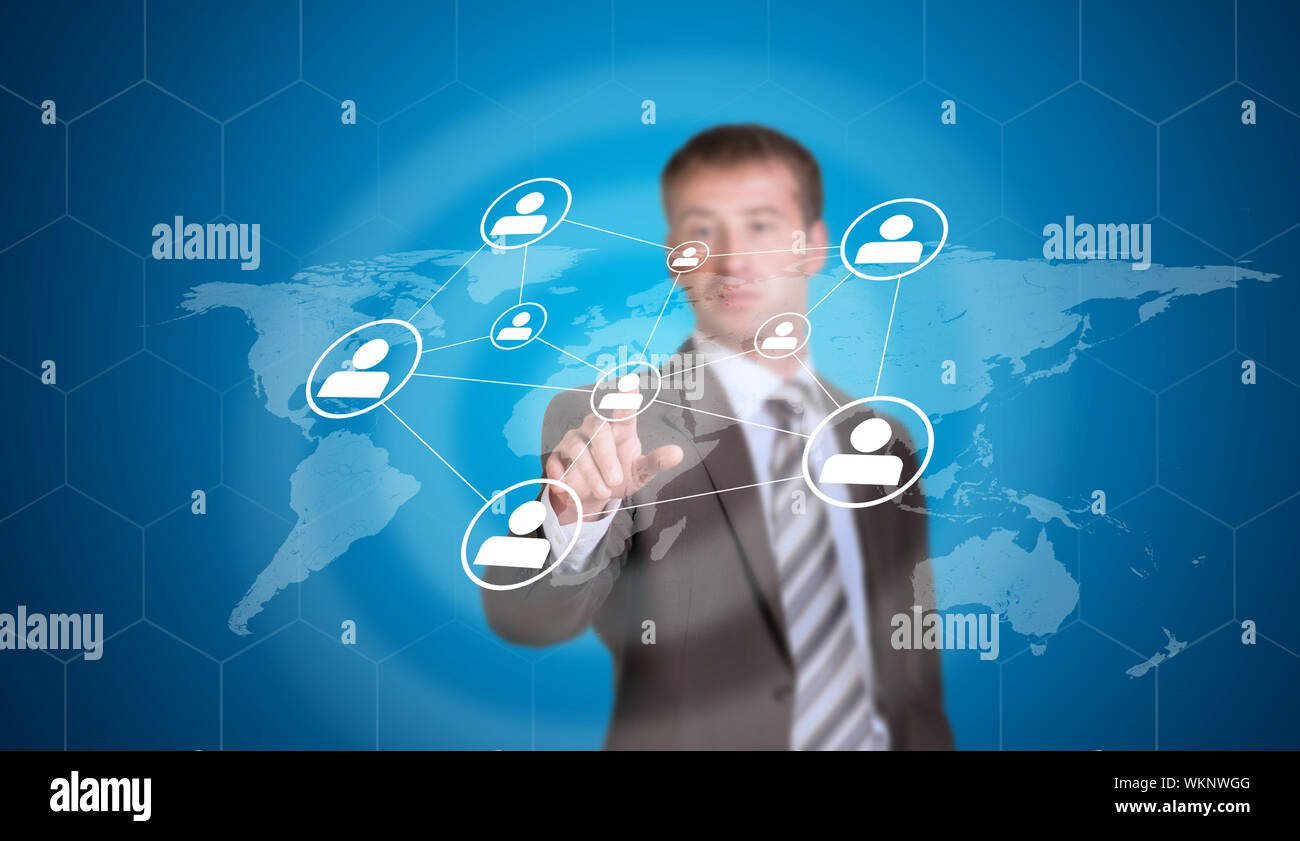 Business man pointing her finger at network icons. Technology concept ...