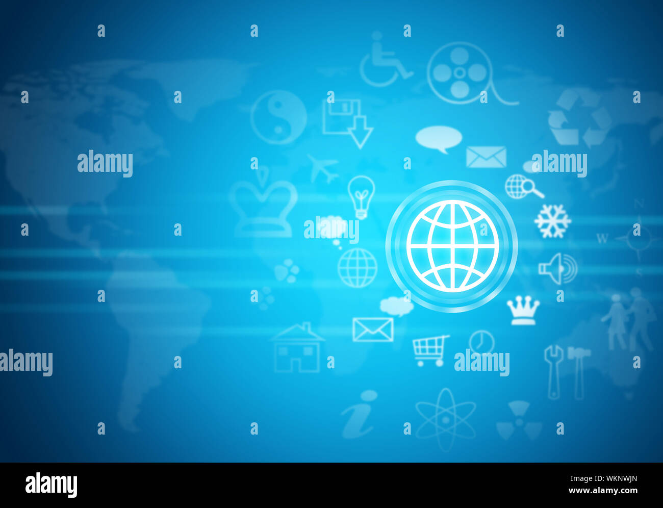 Cloud icons. Technology concept. World map as backdrop Stock Photo - Alamy