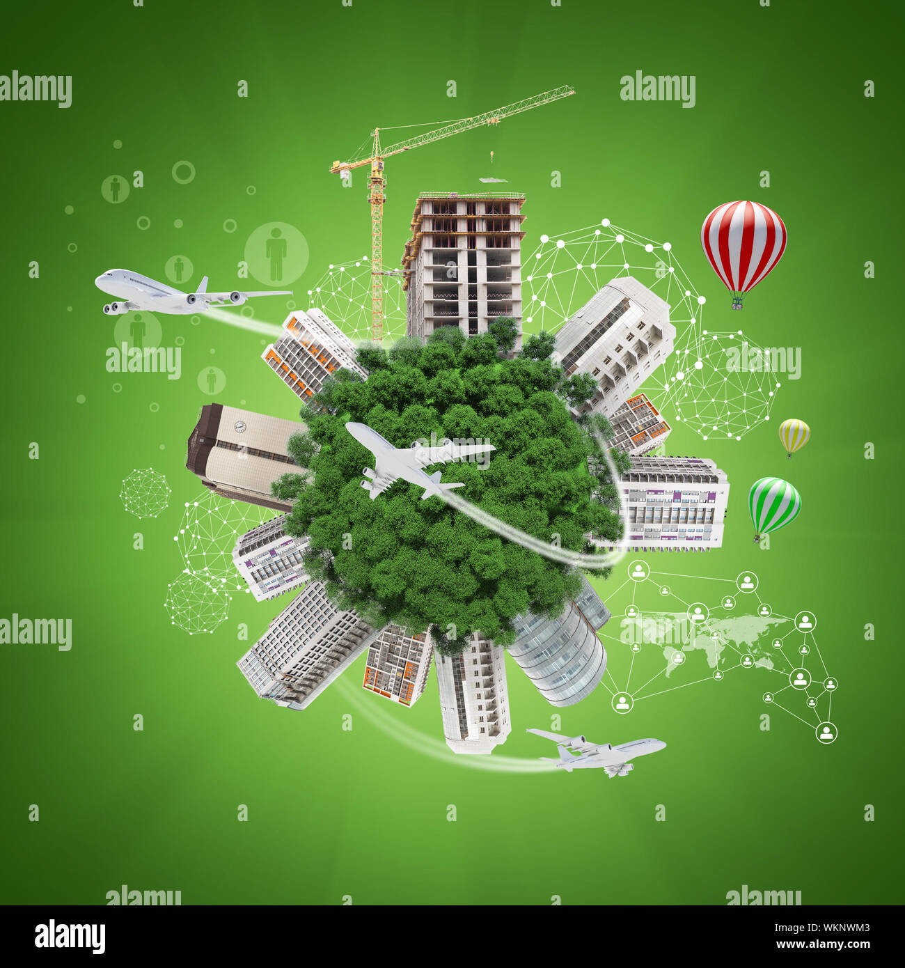 Earth with buildings on surface. Airplanes and network icons. Elements ...