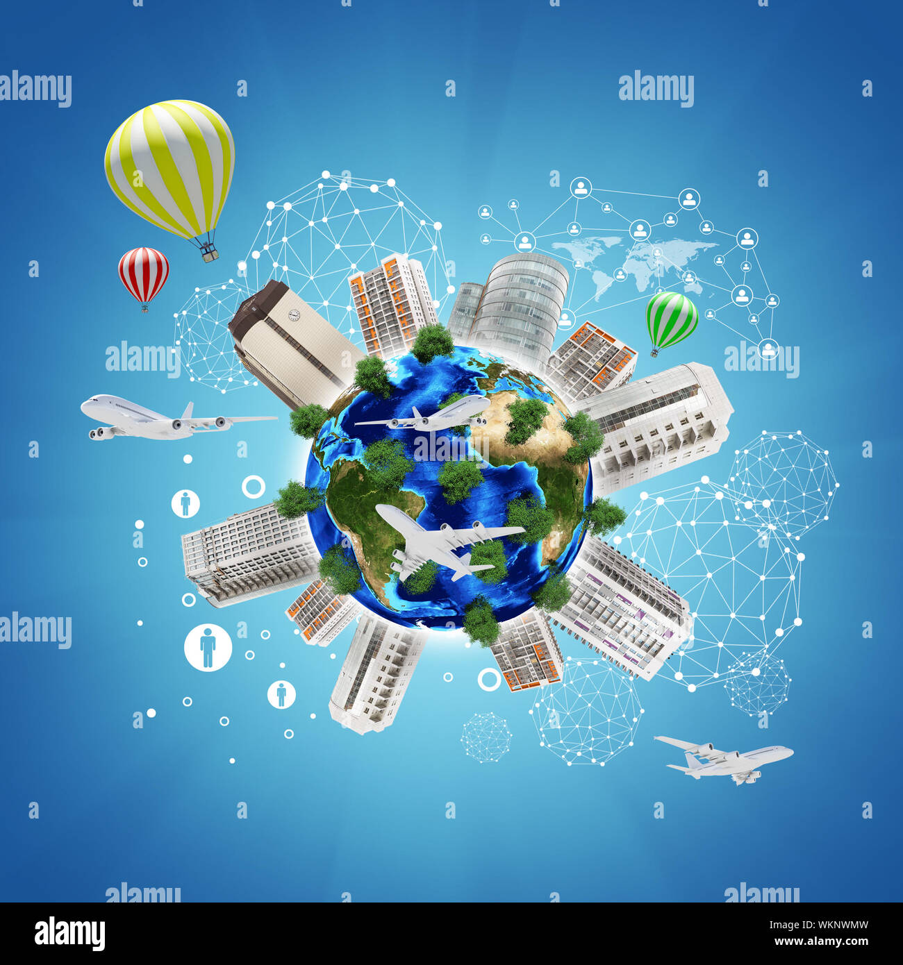 Earth with buildings on surface. Airplanes and network icons. Elements ...
