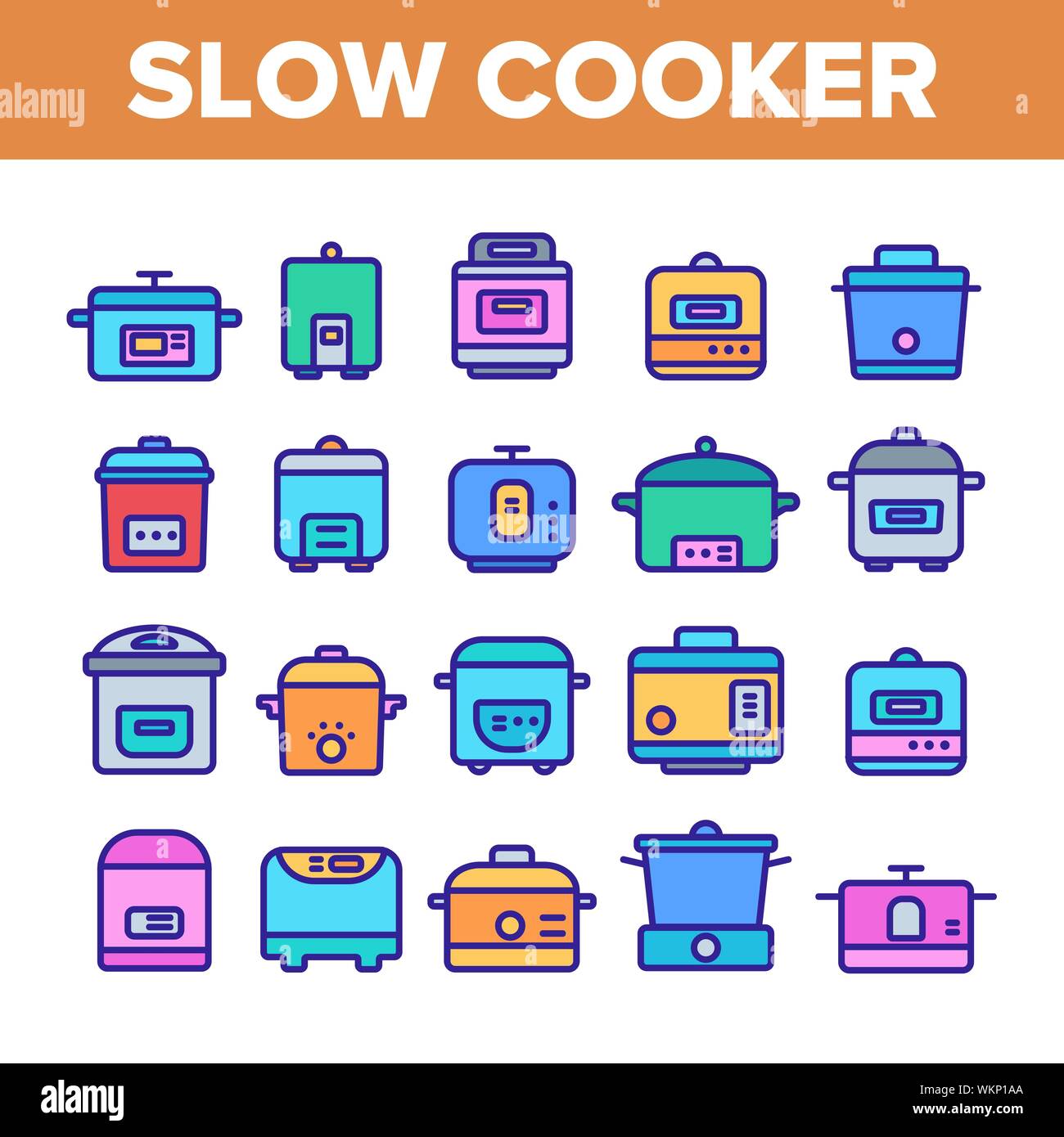 Slow Cooker Elements Collection Vector Icons Set Stock Vector Image ...