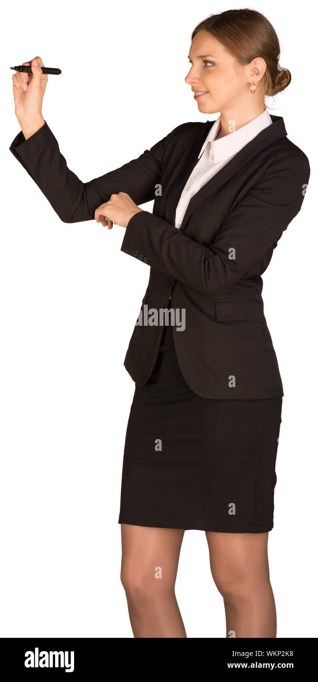 Business woman holding pen. Isolated on white background Stock Photo ...