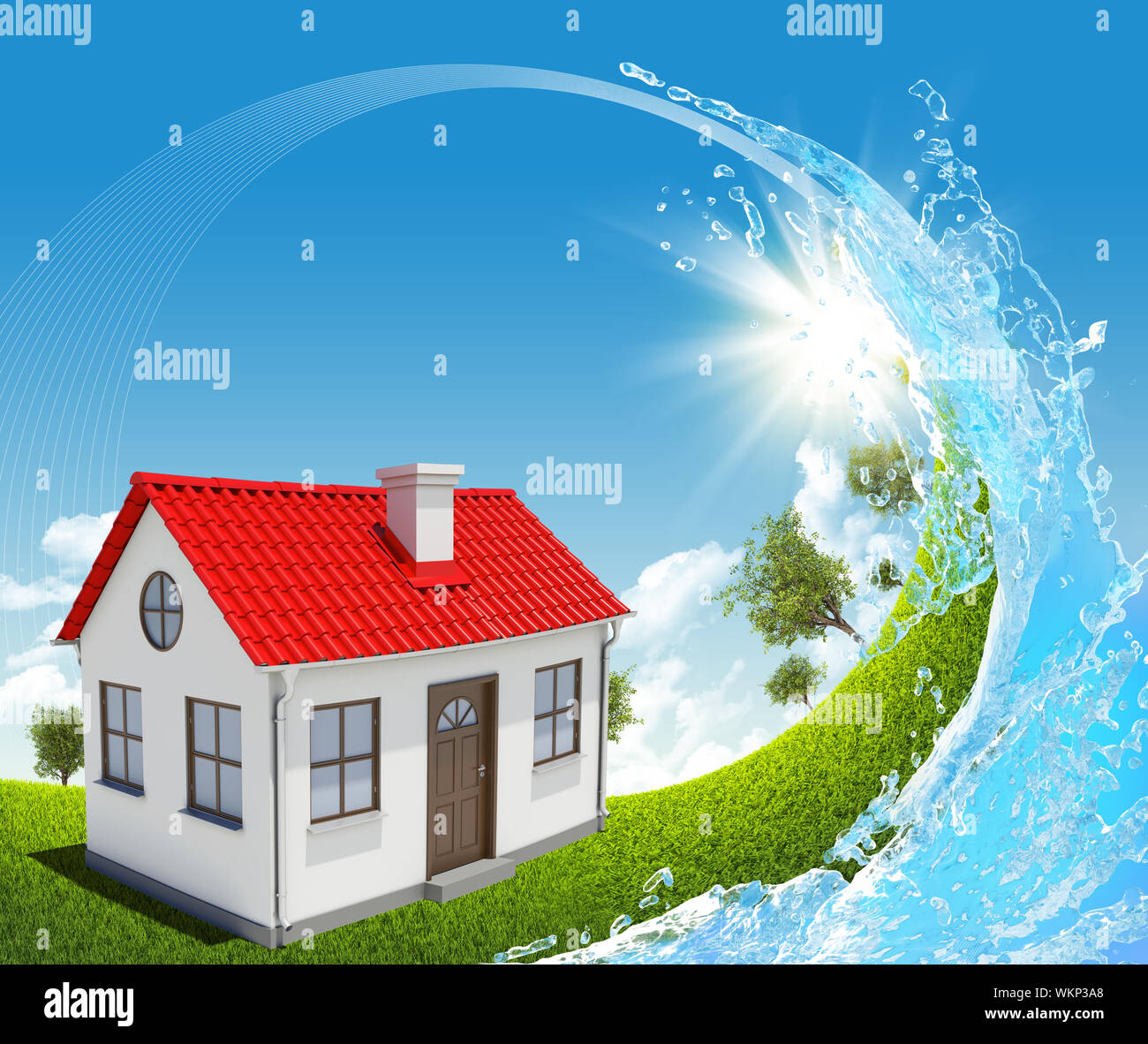 House, green meadow and water splash. Real estate concept Stock Photo ...