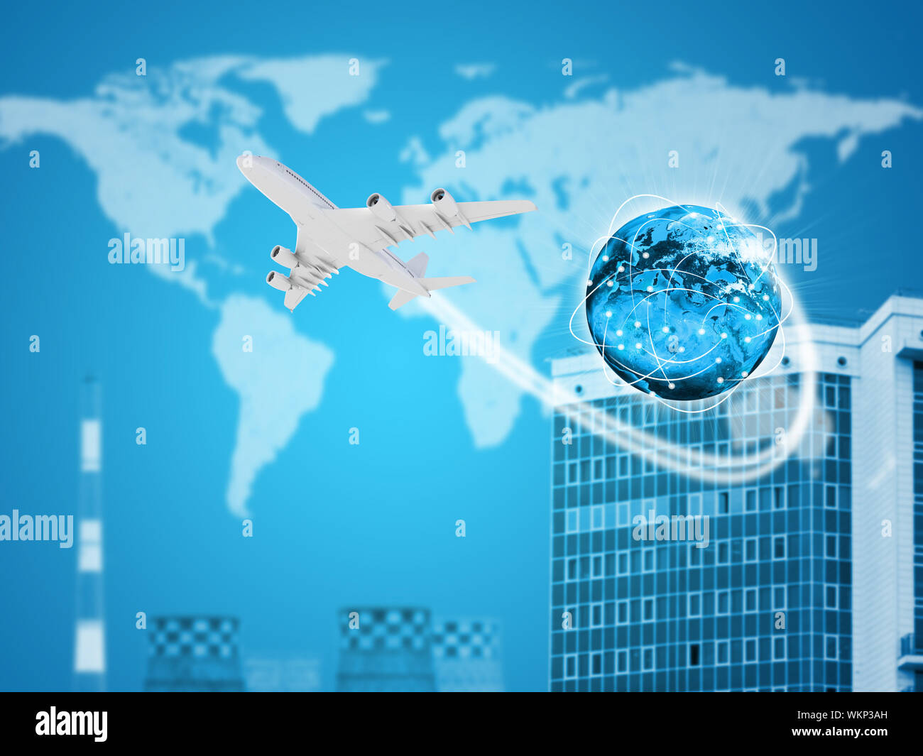 Earth with airplane. Buildings and world as backdrop. Business concept ...