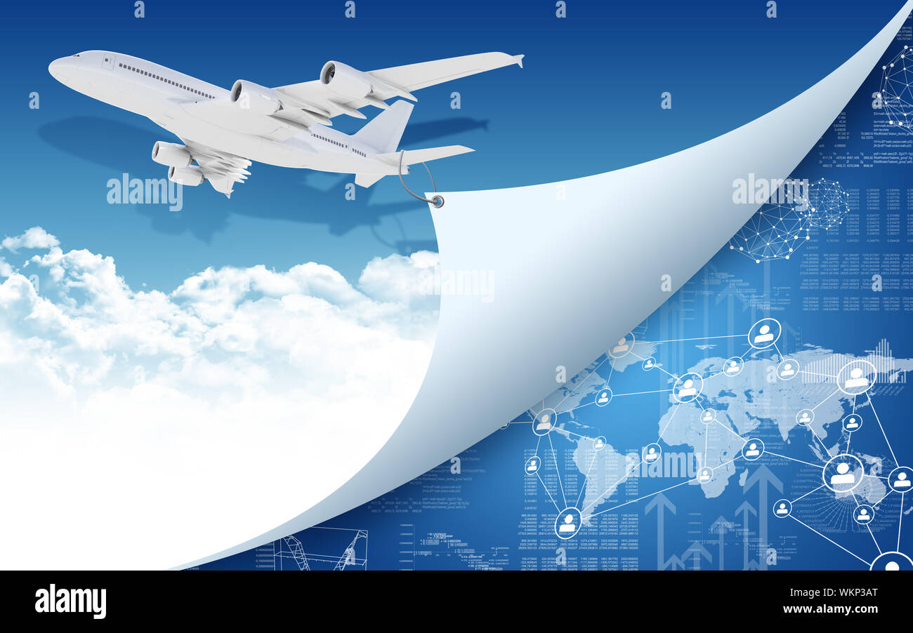 Airplane pulls the rope edge of paper. Sky, world map, network icons ...