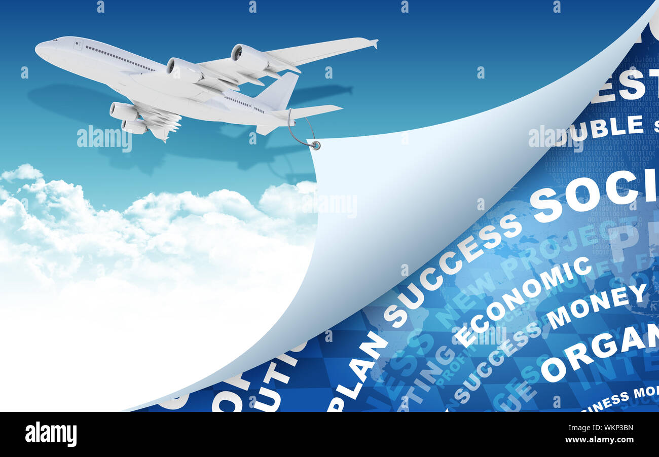 Airplane pulls the rope edge of paper. Money with business words as ...