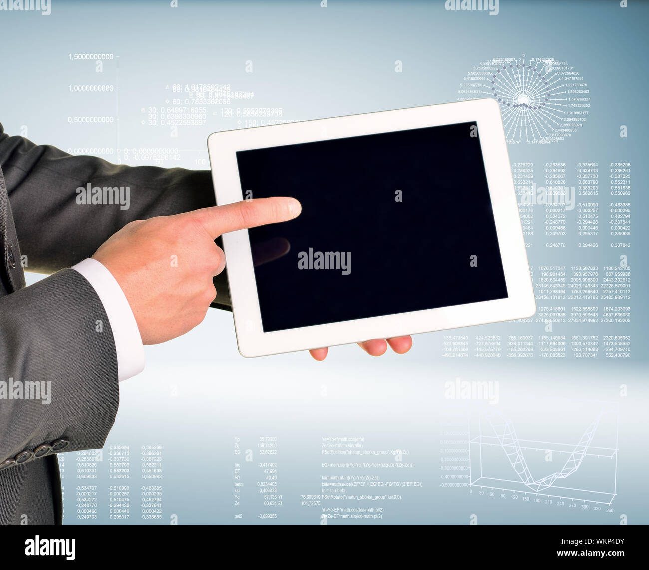 Hand holding digital tablet pc. Hi-tech background with graphs and ...