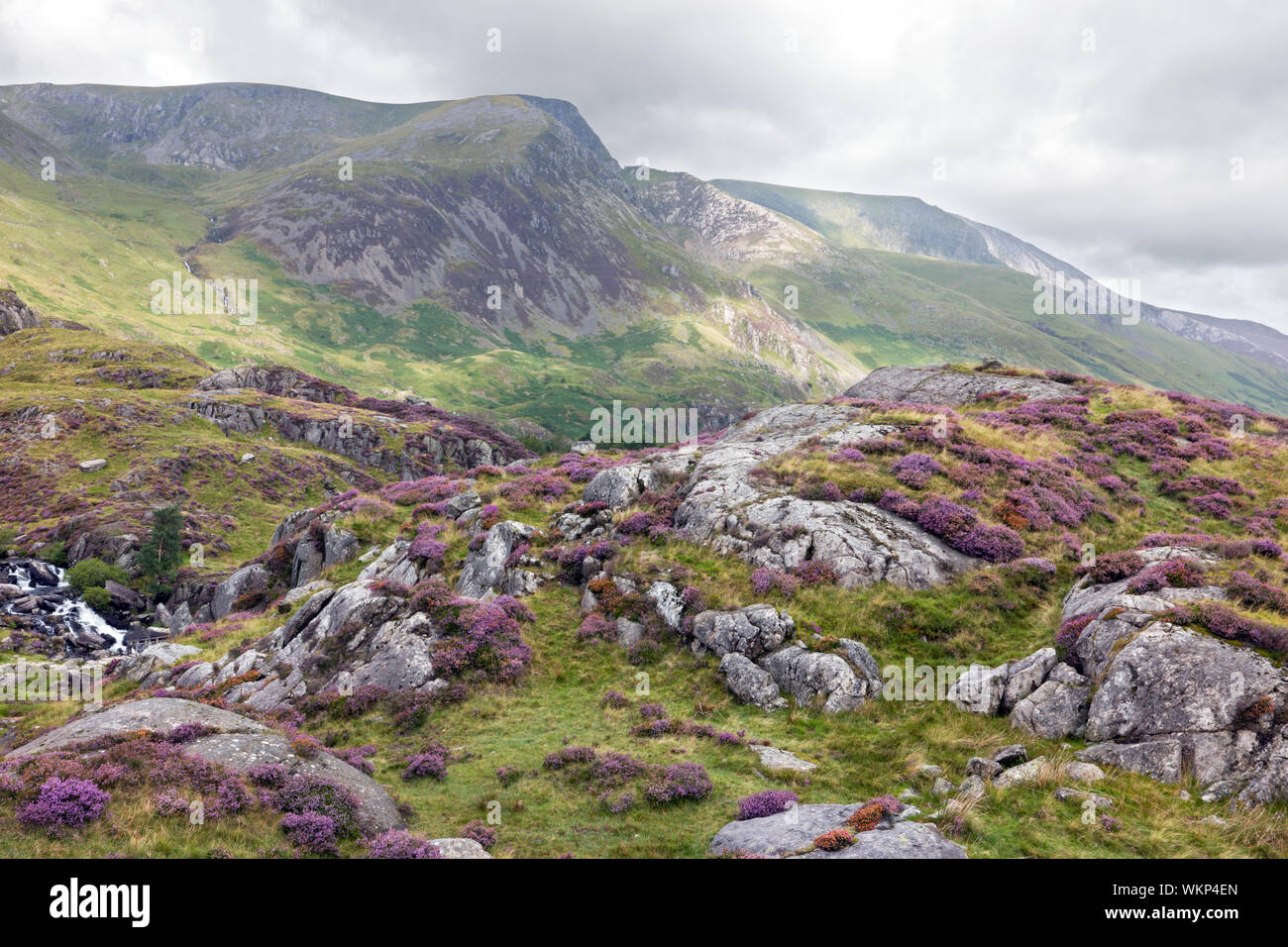 The Glyders mountain range in Snowdonia viewed from the entrance to Cwm ...