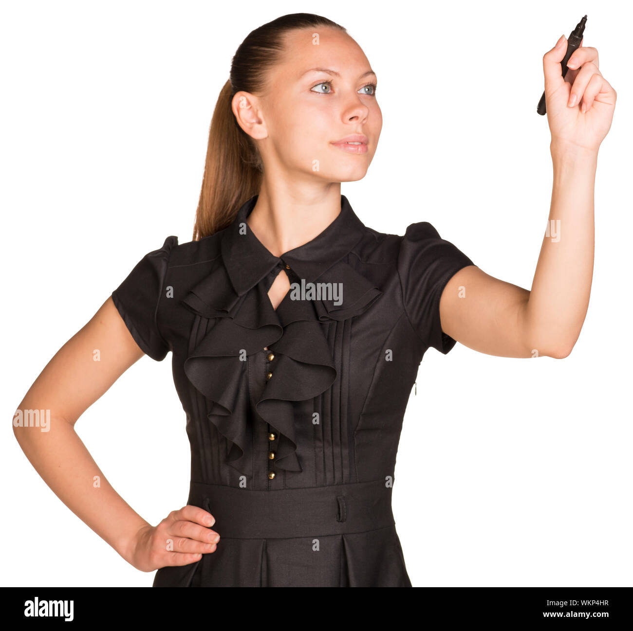 Young successful business woman writing with pen. Isolated background ...