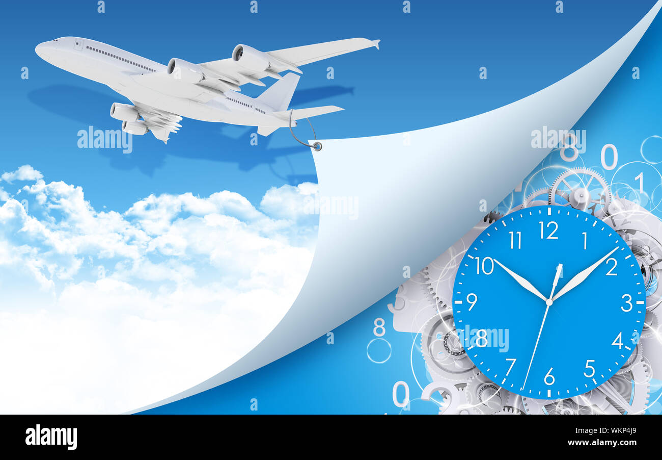 Airplane pulls the rope edge of paper. Clock face, gears with figures ...