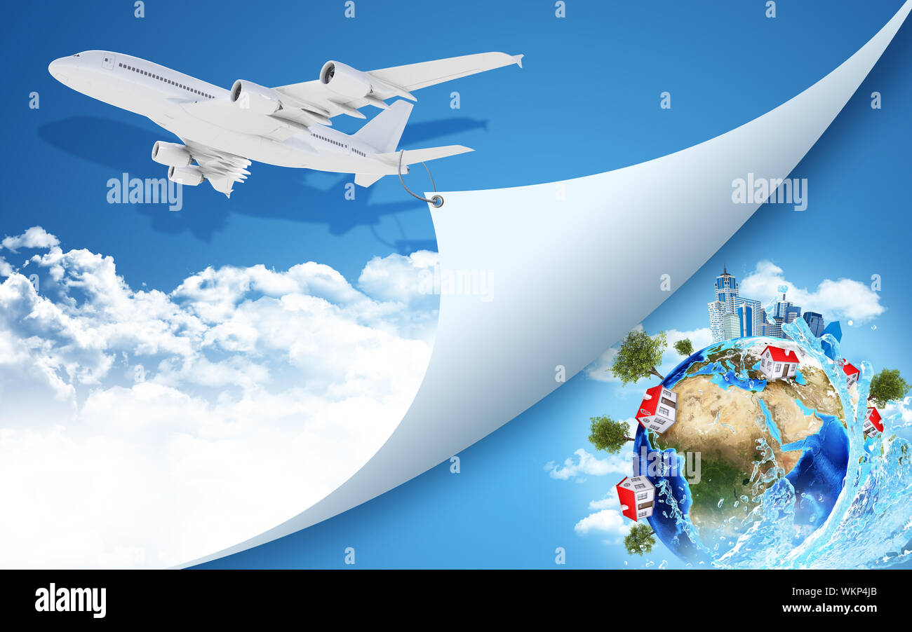 Airplane pulls the rope edge of paper. Earth with buildings as backdrop ...