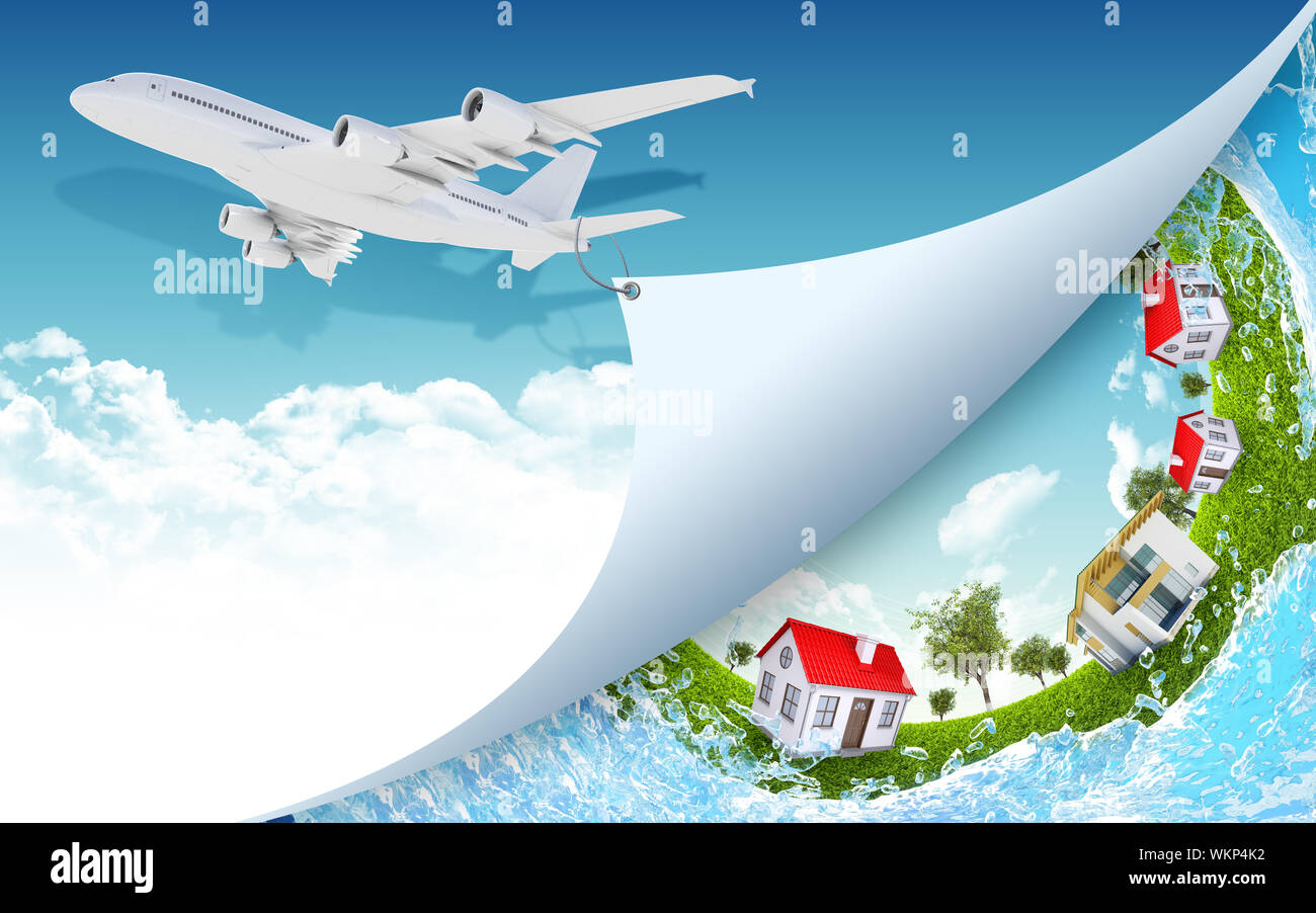 Airplane pulls the rope edge of paper. Nature landscape with houses as ...