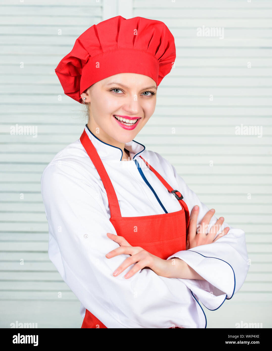 Restaurant staff hiring. Welcome to my culinary show. Woman pretty chef ...
