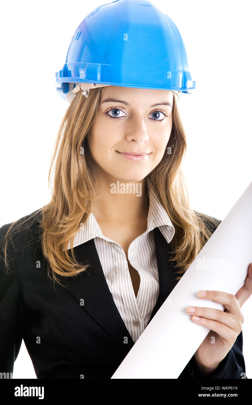 Beautiful and young female architect using a blue helmet Stock Photo ...