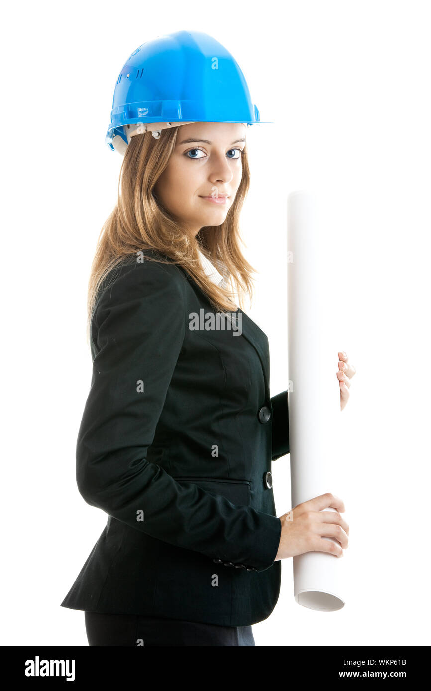 Beautiful and young female architect using a blue helmet Stock Photo ...