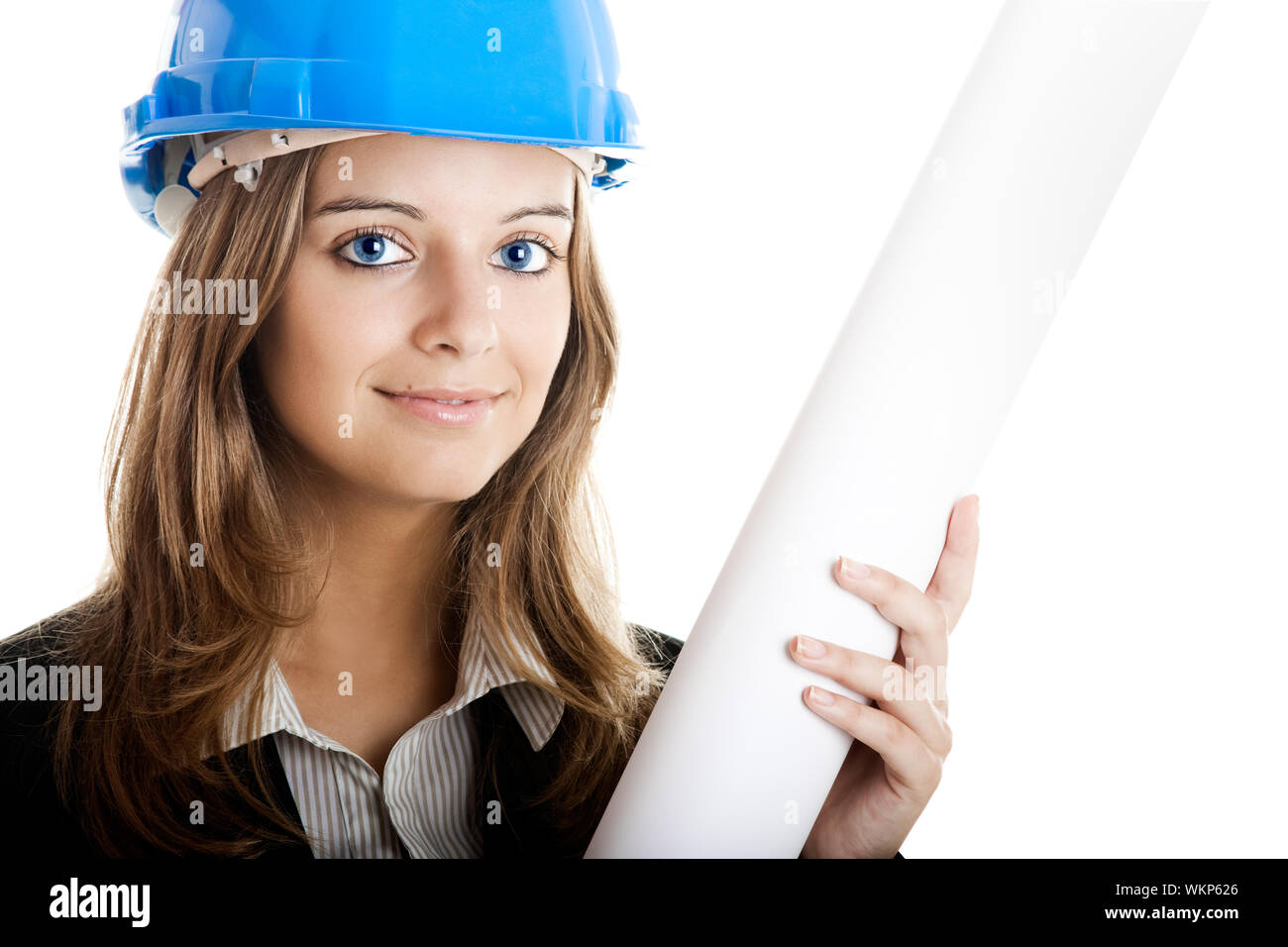 Beautiful and young female architect using a blue helmet Stock Photo ...