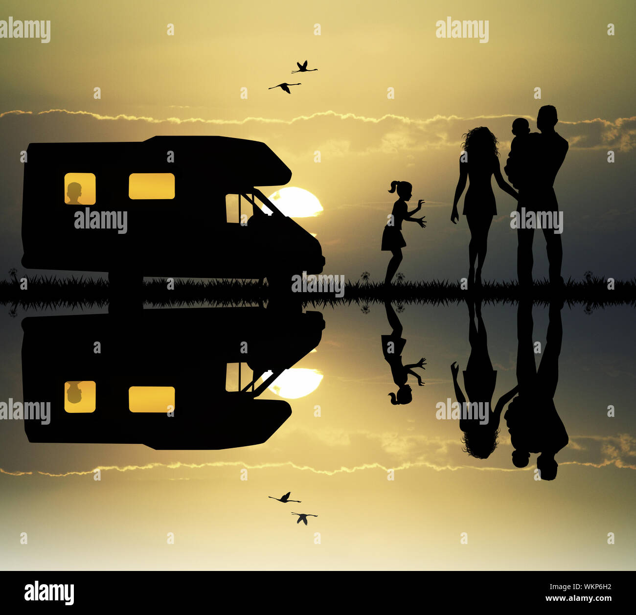 Family camping with caravan Stock Photo - Alamy
