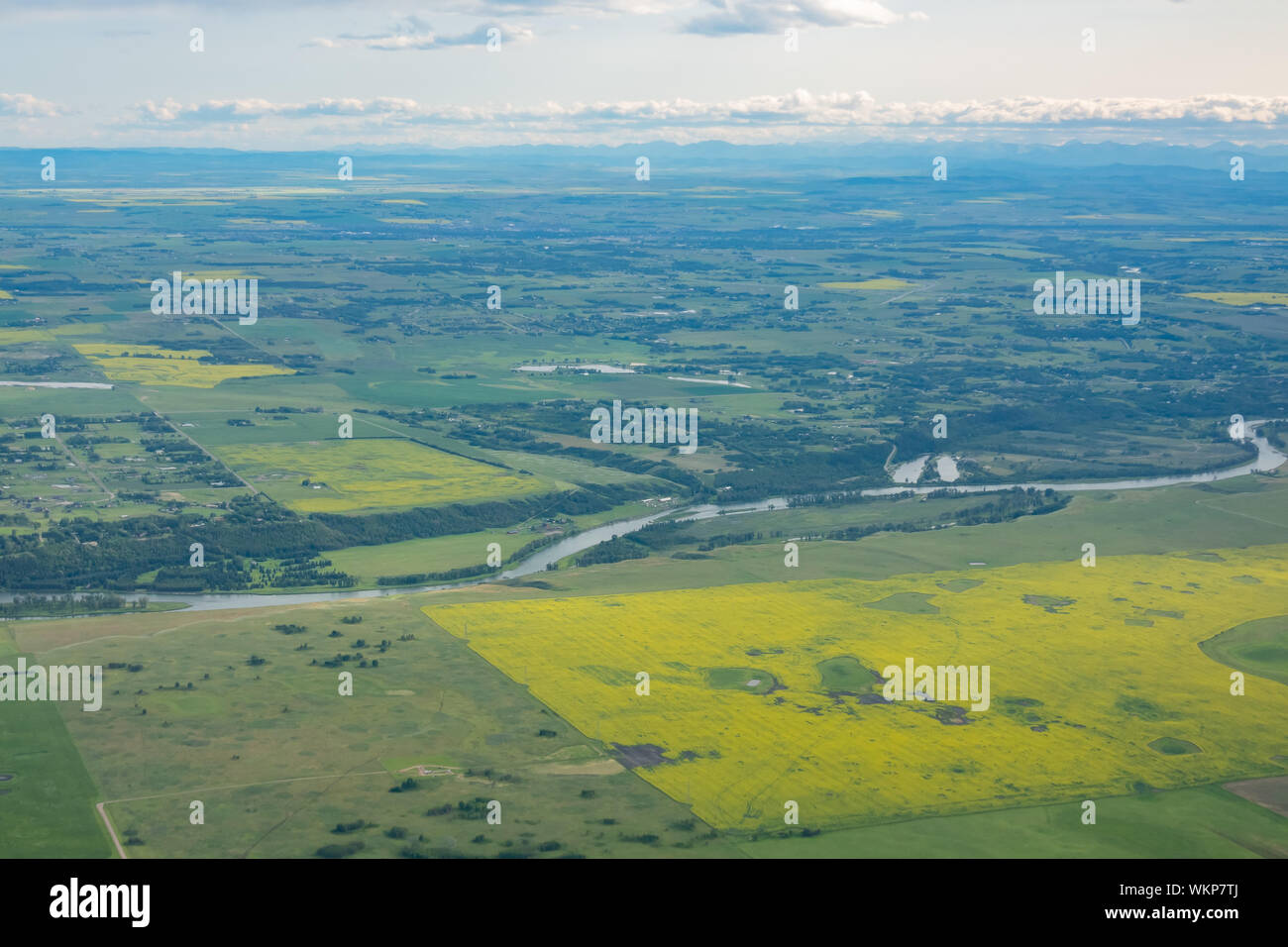 Aerial view of the Calgary rural landscape with Bow River at Canada ...