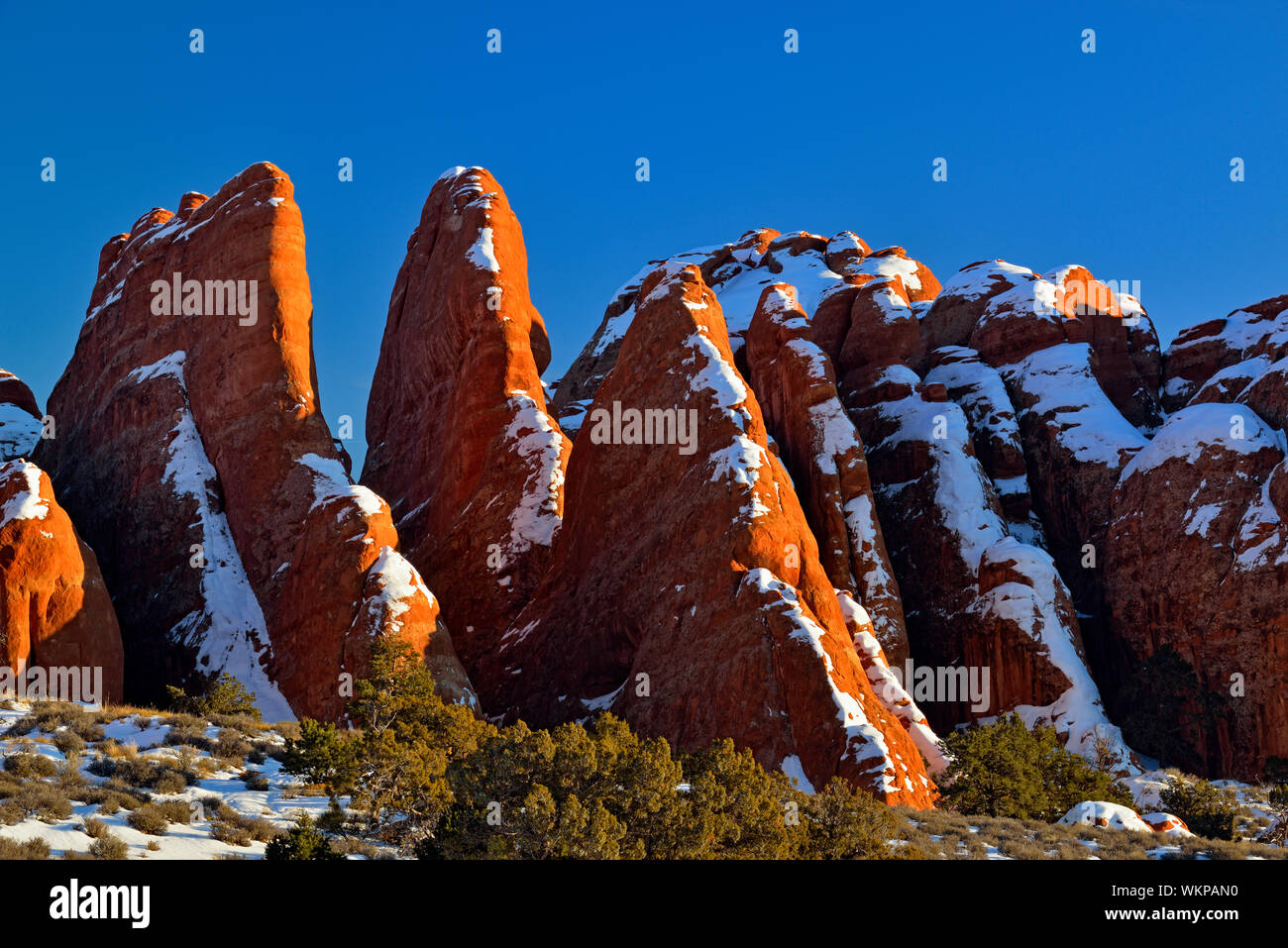 Sandstone fins in winter near the Fiery Furnace, Arches National Park ...