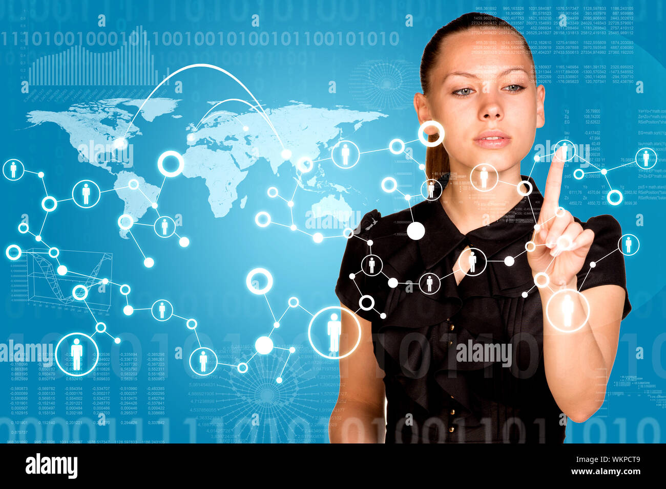 Beautiful businesswoman in dress presses finger virtual network contact ...
