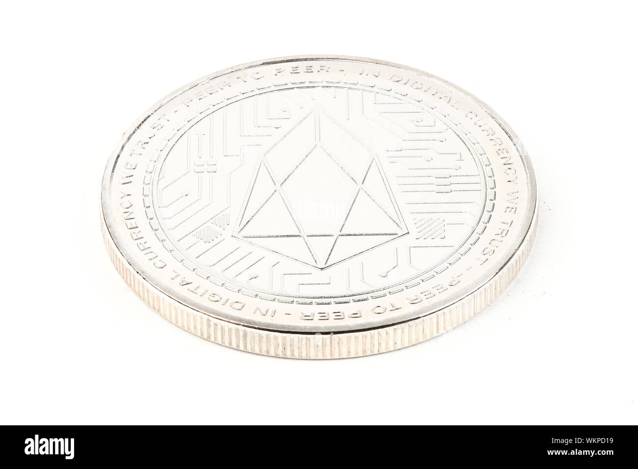 Face of the crypto currency, silver EOS isolated on white background ...