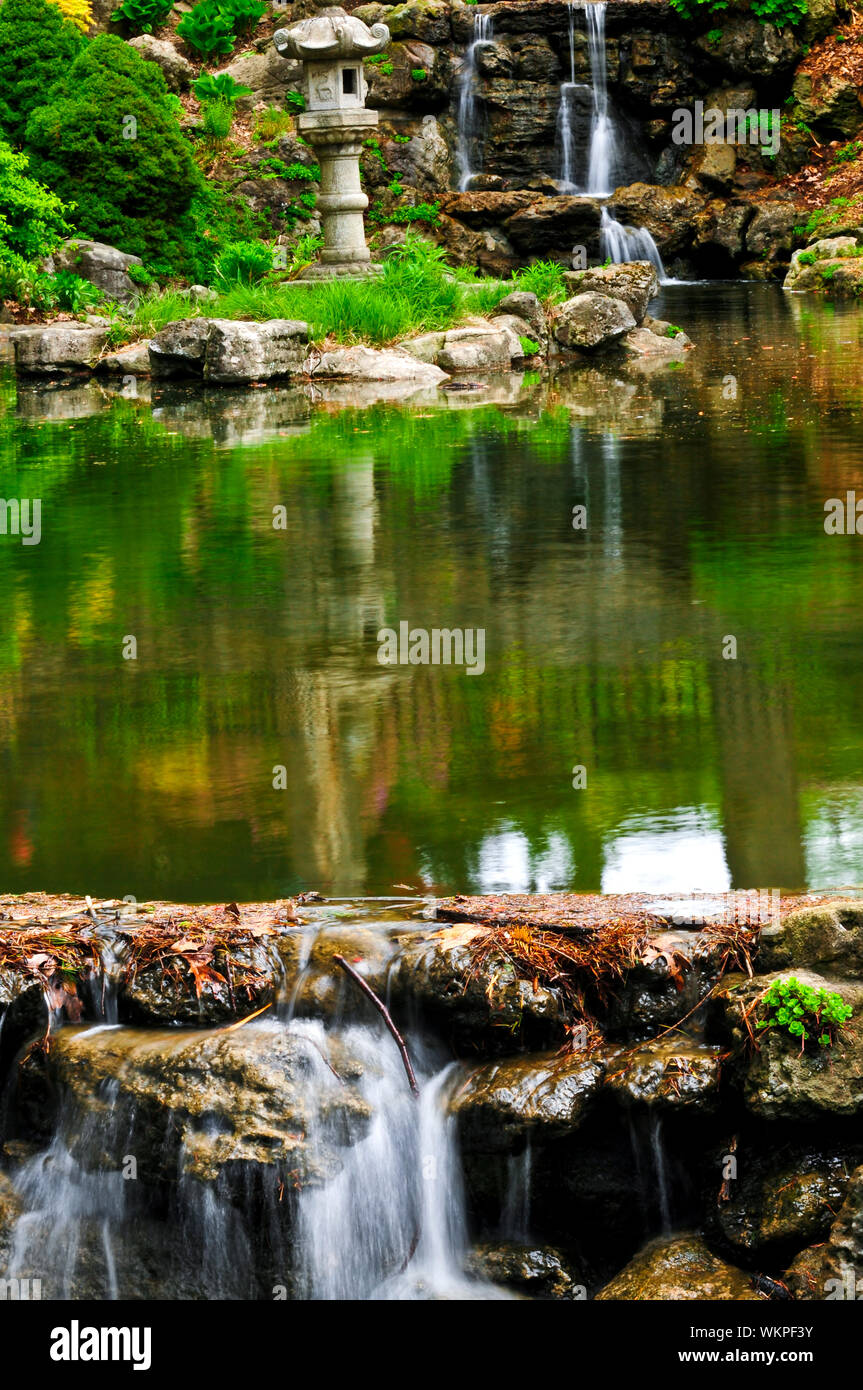 Cascading waterfall and pond in japanese garden Stock Photo - Alamy