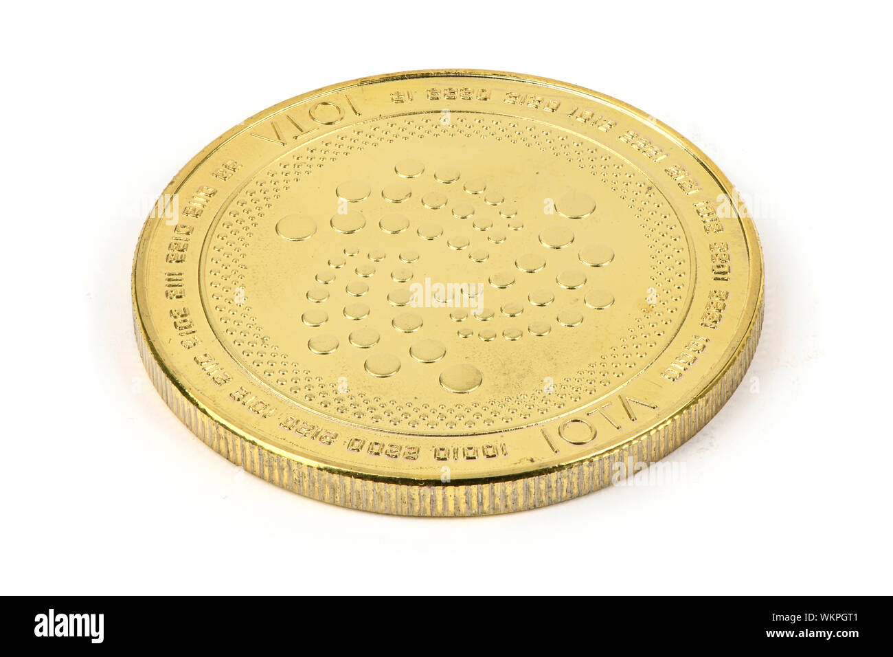 Face of the crypto currency golden iota isolated on white background ...