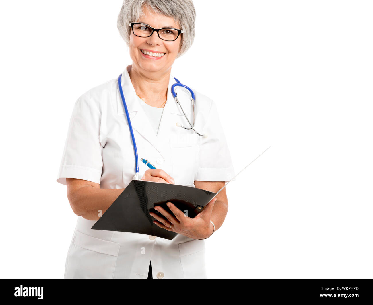 Happy old female doctor holding a folder, isolated on white Stock Photo ...