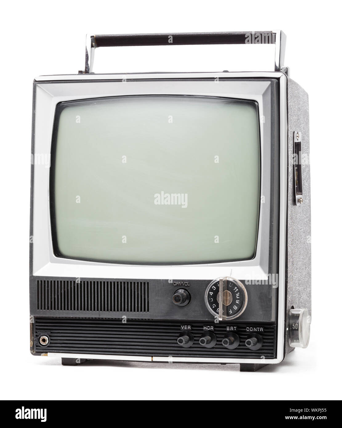 Vintage portable TV set with handle on white background Stock Photo - Alamy