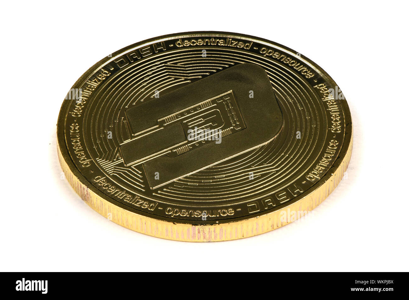 Face of the crypto currency golden dash isolated on white background ...
