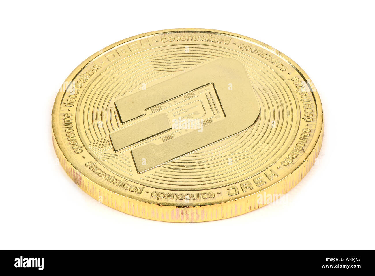 Face of the crypto currency golden dash isolated on white background ...