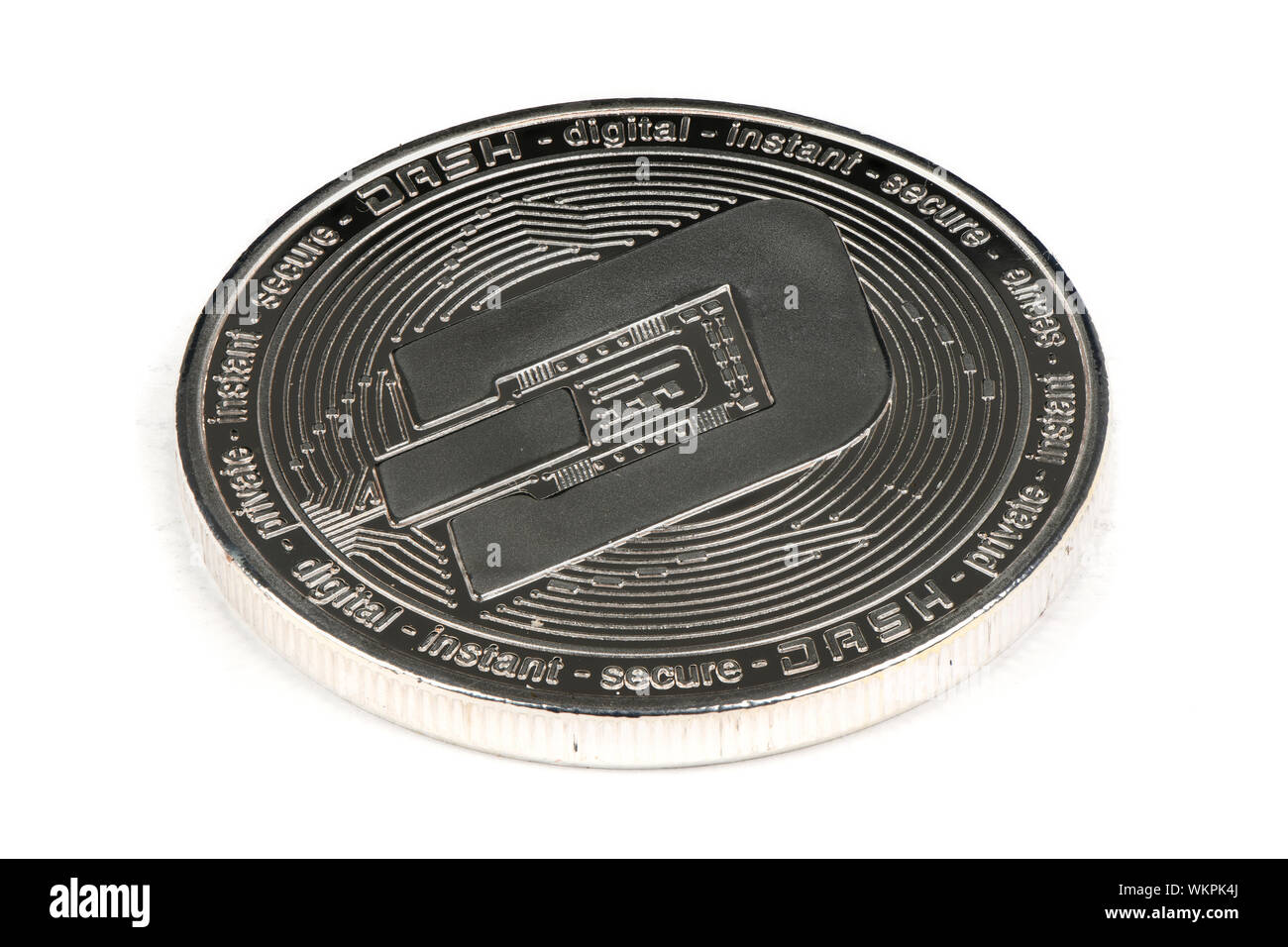 Back side of the crypto currency silver dash isolated on white ...