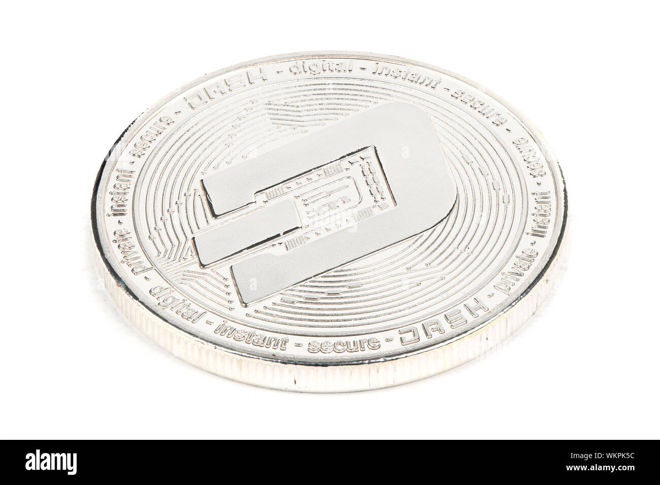 Back side of the crypto currency silver dash isolated on white ...
