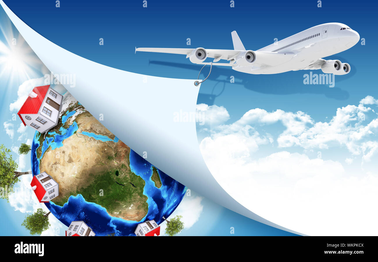 Airplane pulls the rope edge of paper. Earth with houses as backdrop ...