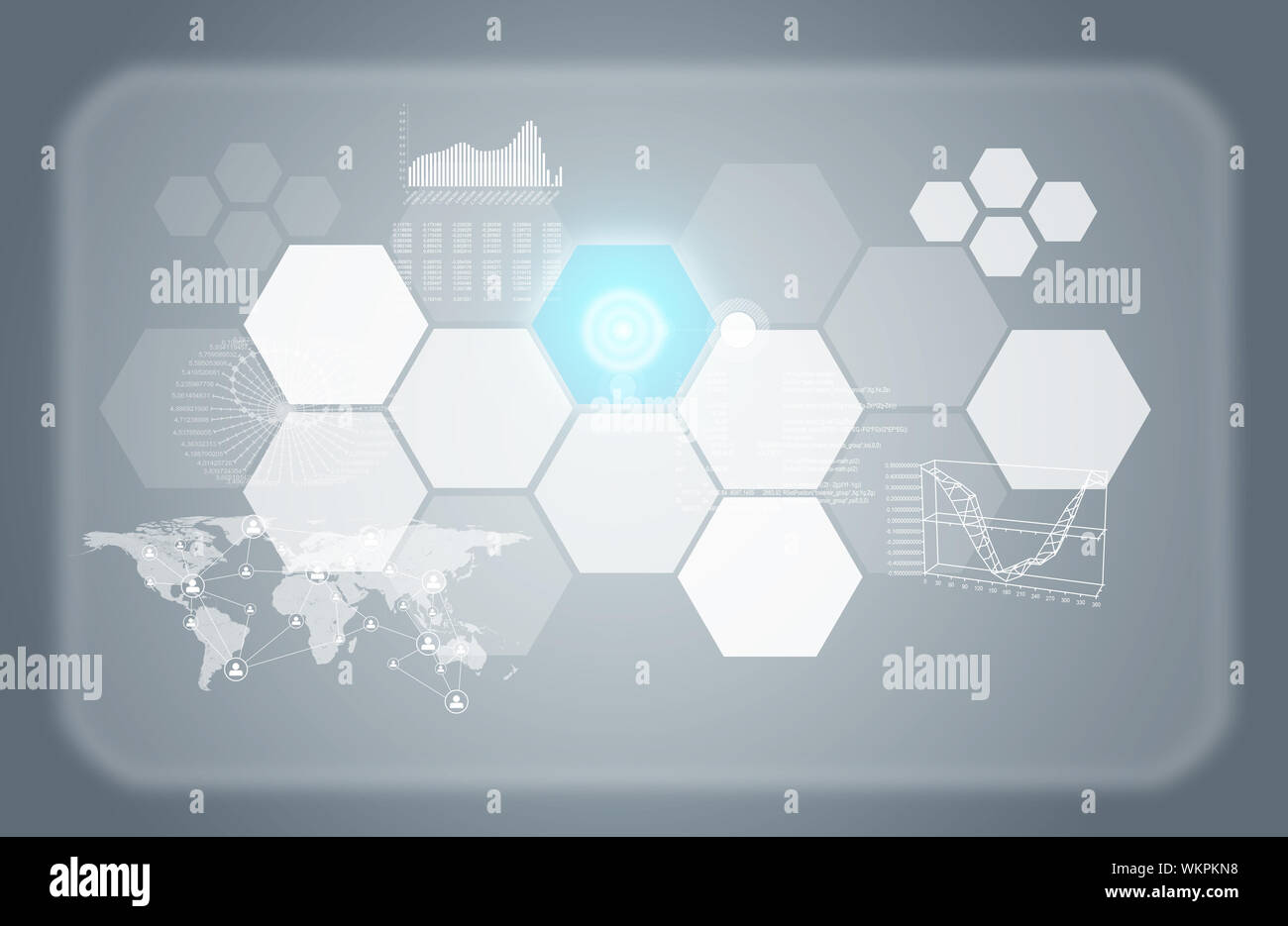 Graphs, world map, network and other elements. Technology background ...