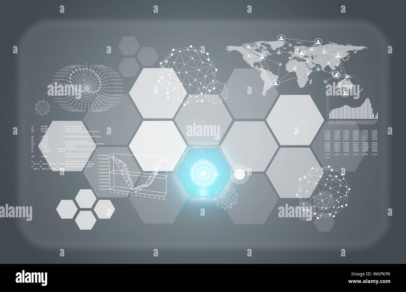 Graphs, world map, network and other elements. Technology background ...