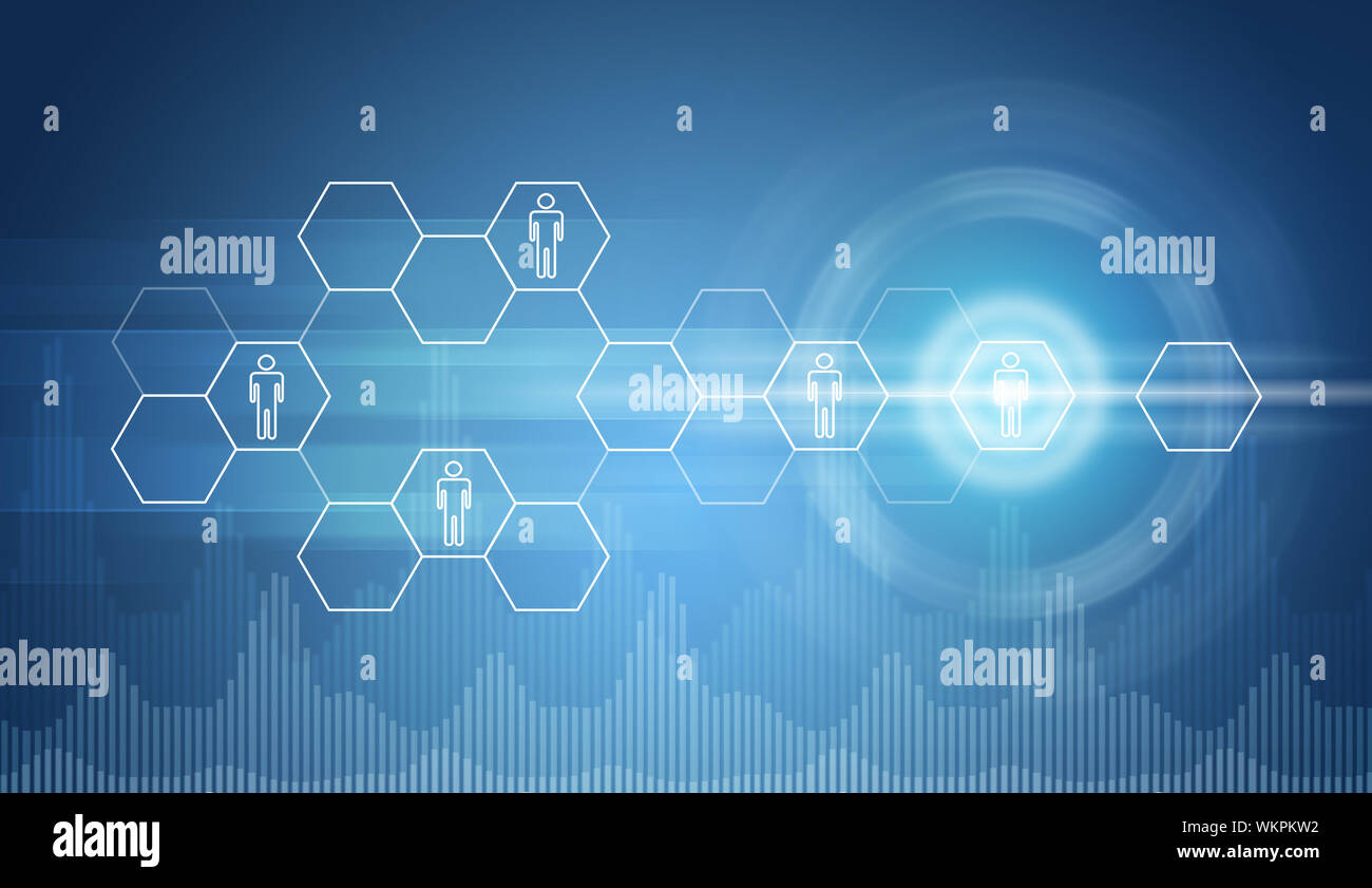 Transparent hexagons, glow circles and graphs. Technology background ...