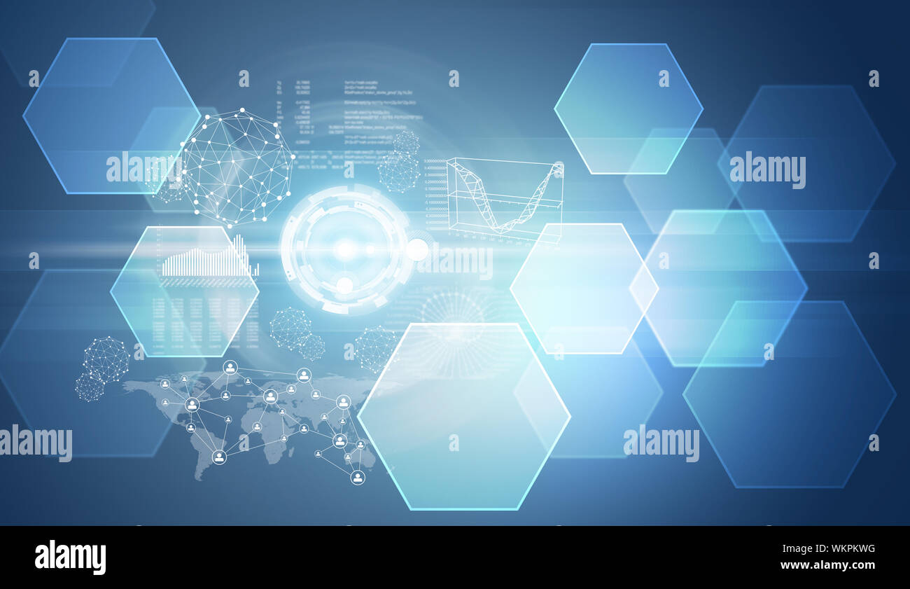 Graphs, world map, network and other elements. Technology background ...